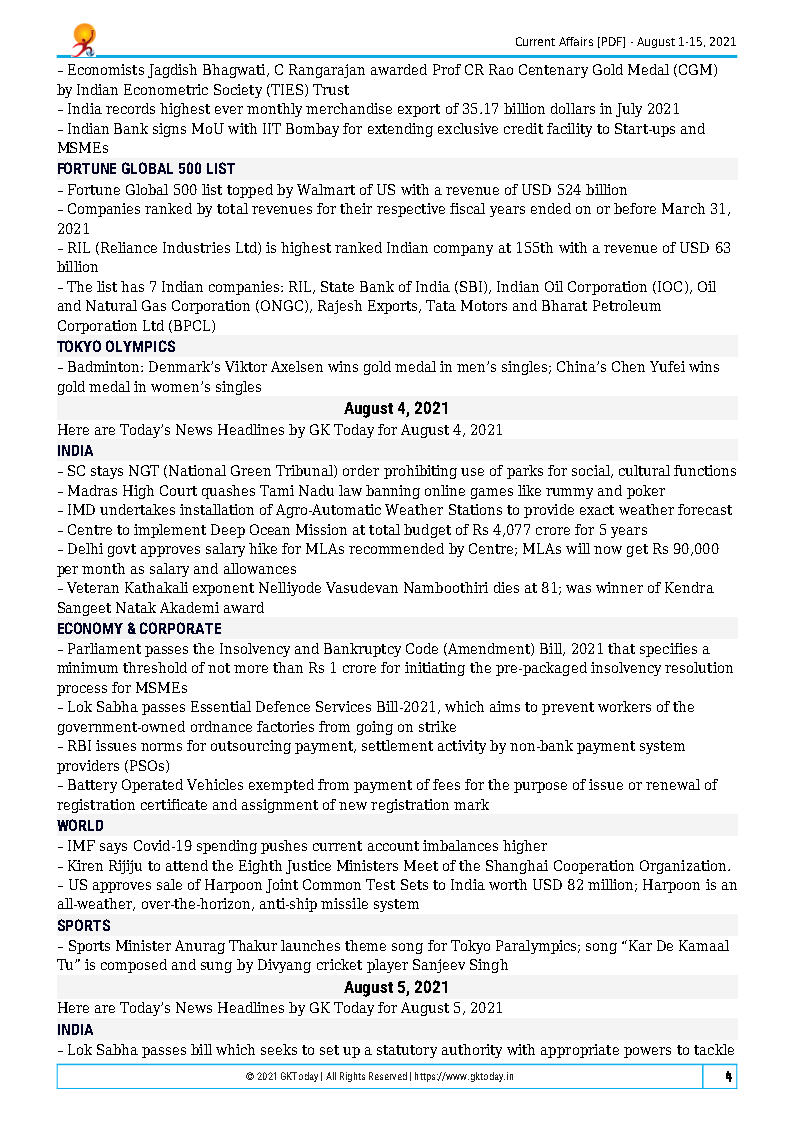 Gk Today-Monthly Current Affairs-Compilation August 2021-English Medium ...